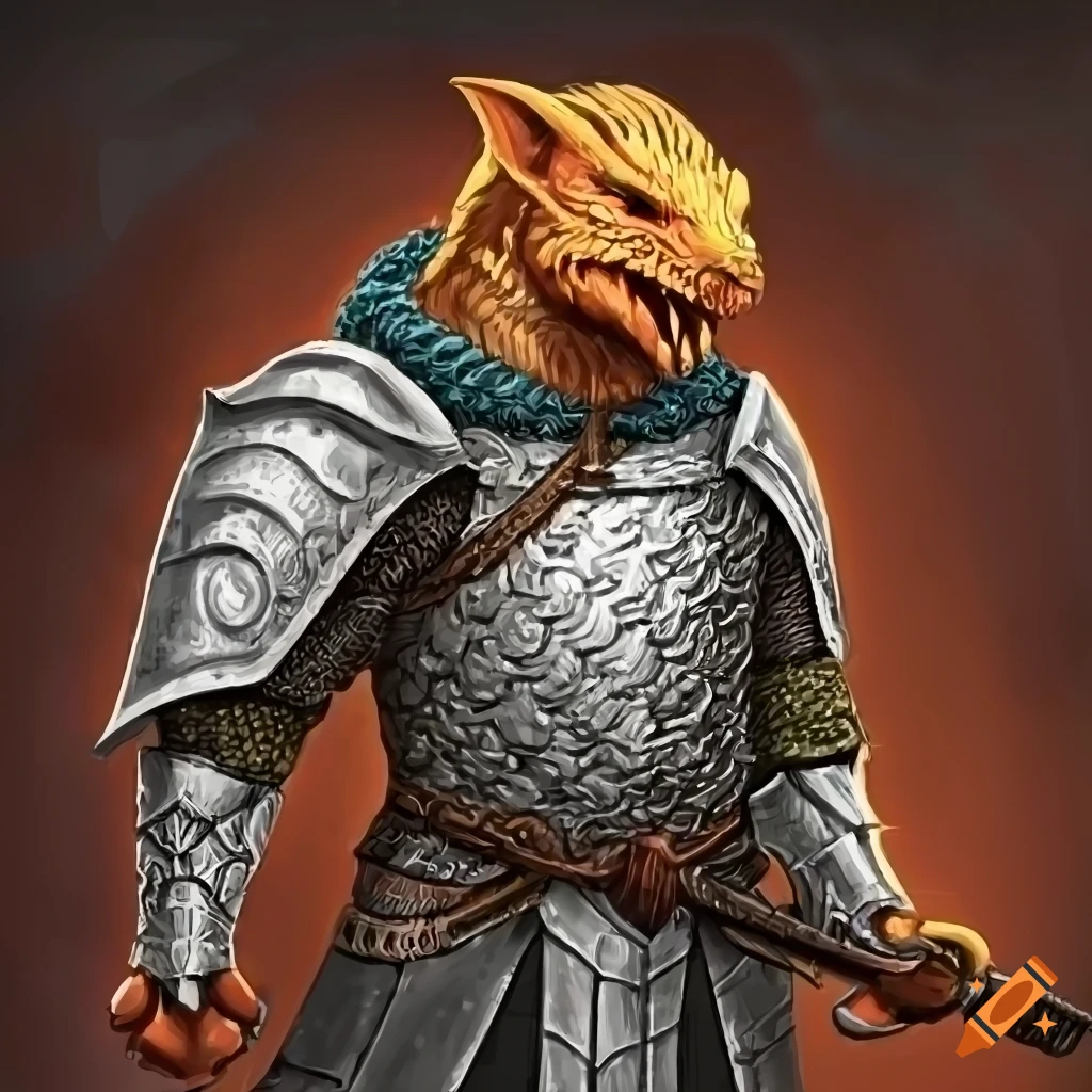 Dragonborn paladin in chainmail armor with Frankish crest shield in ...