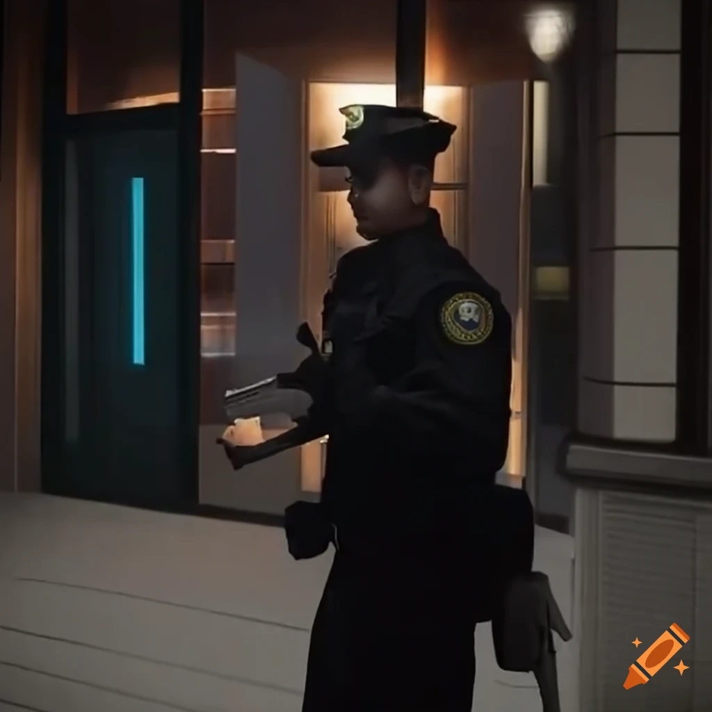 Scene of a young security guard entering a dimly lit pizzeria on Craiyon