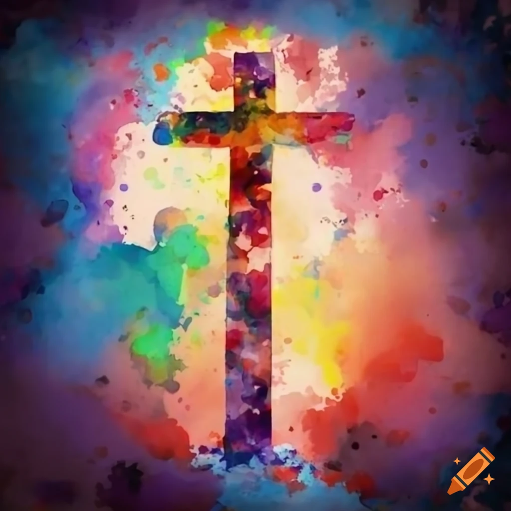 Evangelistic cross with watercolor splash background on Craiyon