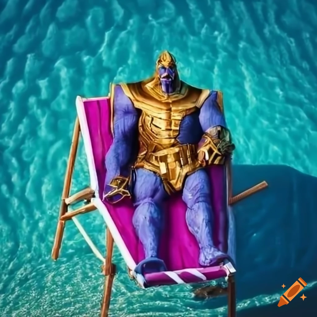 Thanos relaxing on a deckchair at the beach from an aerial view on Craiyon