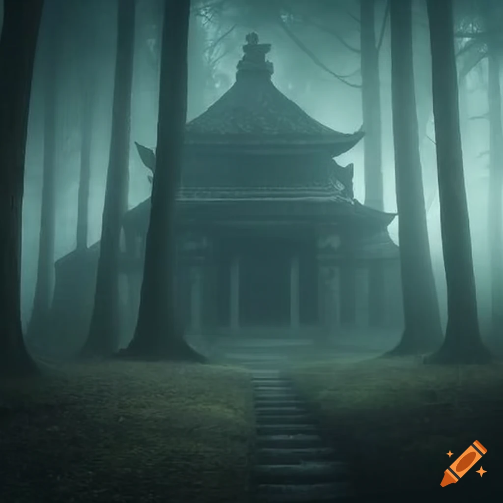Mysterious temple in foggy forest on Craiyon