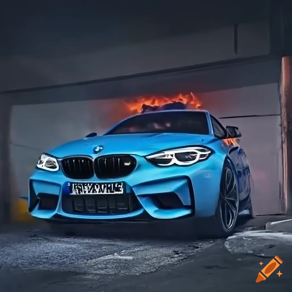 BMW M2 on fire with emergency responders in a parking garage on Craiyon