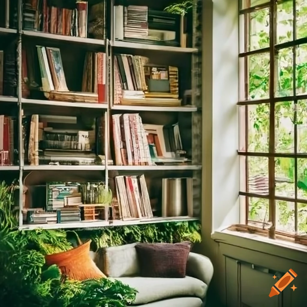 Cozy reading nook surrounded by classic books and greenery on Craiyon