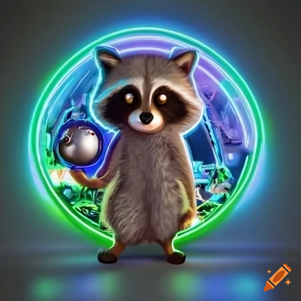 Animated Raccoon With A Silver Ball In Front Of A Pinball Neon Sign On Craiyon