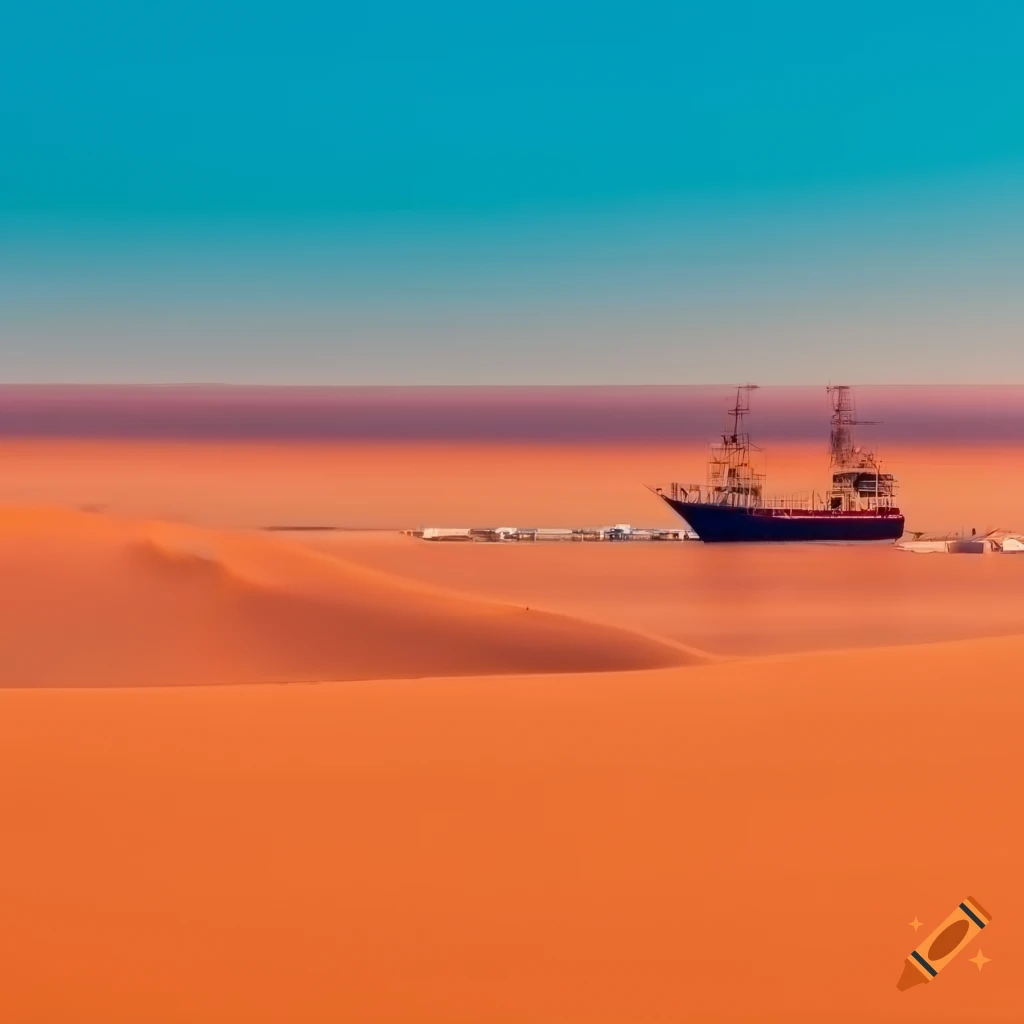 Container ship in a vast sandy desert landscape from a distance on Craiyon