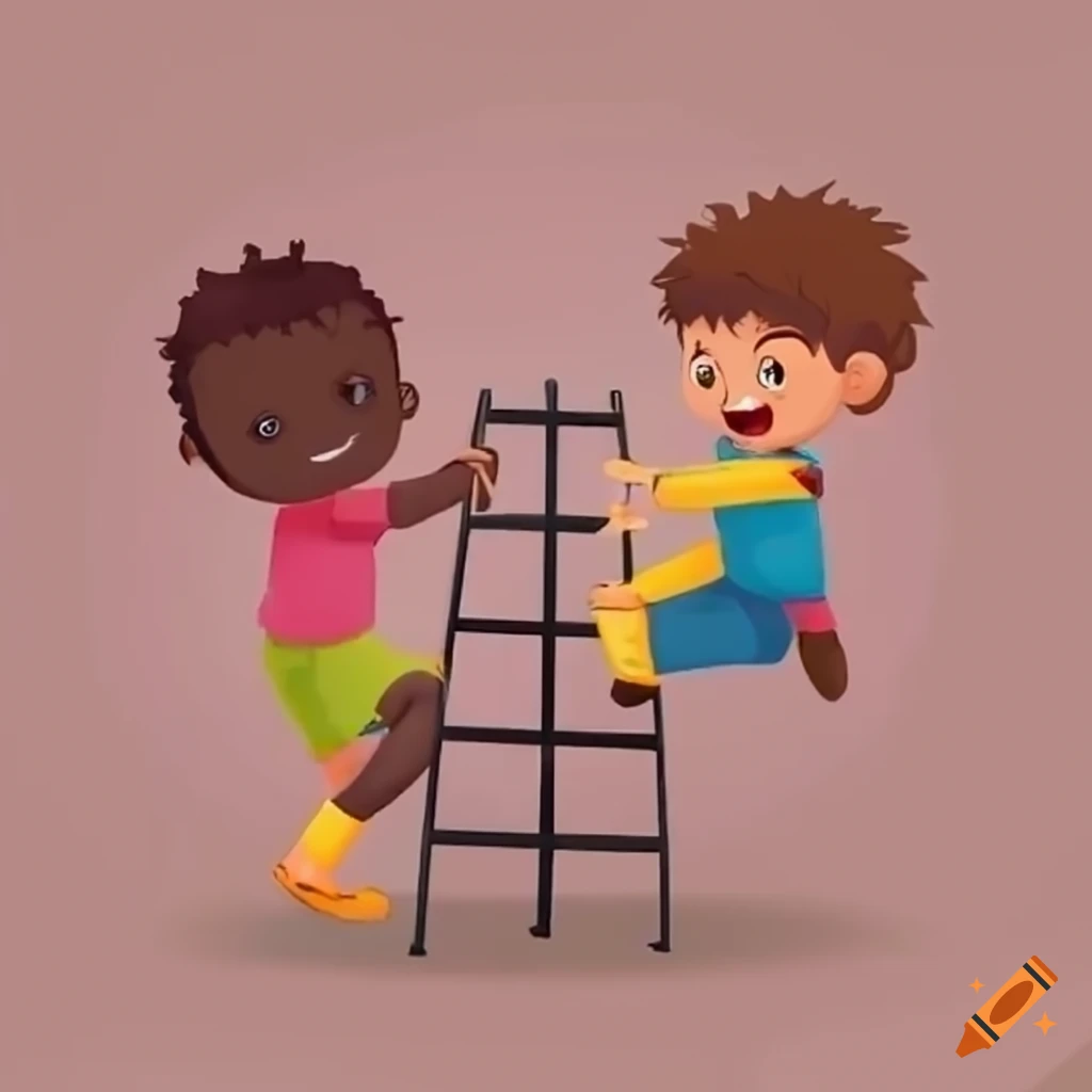 Children helping each other climb a ladder in a multicultural scene on ...