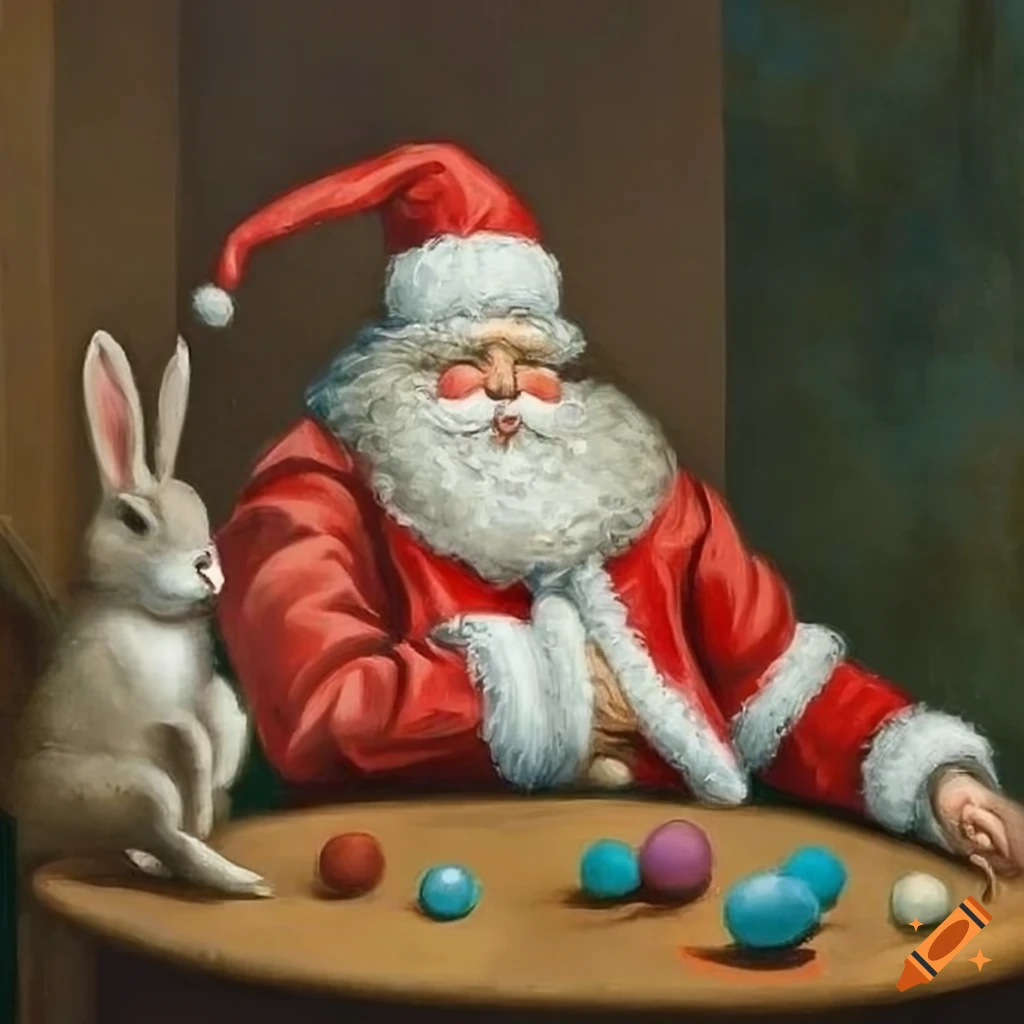 Whimsical painting of easter bunny, santa claus, and jester having a ...