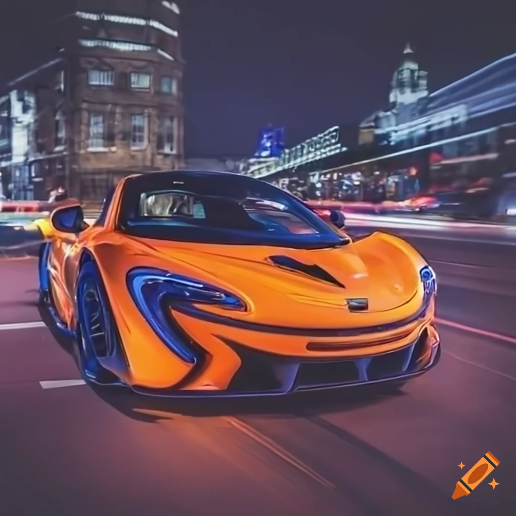McLaren P1 sports car in neon orange wrap racing through vibrant ...