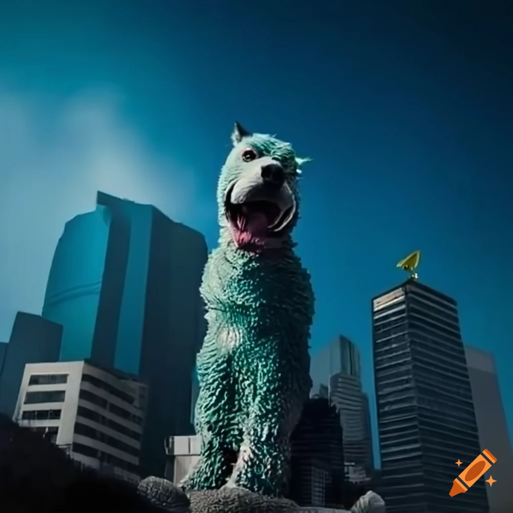 Cartoon dog dressed as godzilla in dogzilla city on Craiyon