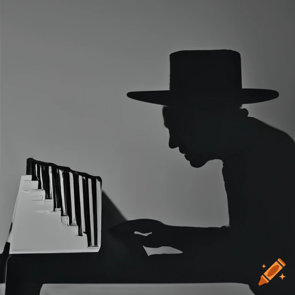 Silhouette of a man in small hat playing keyboard on Craiyon