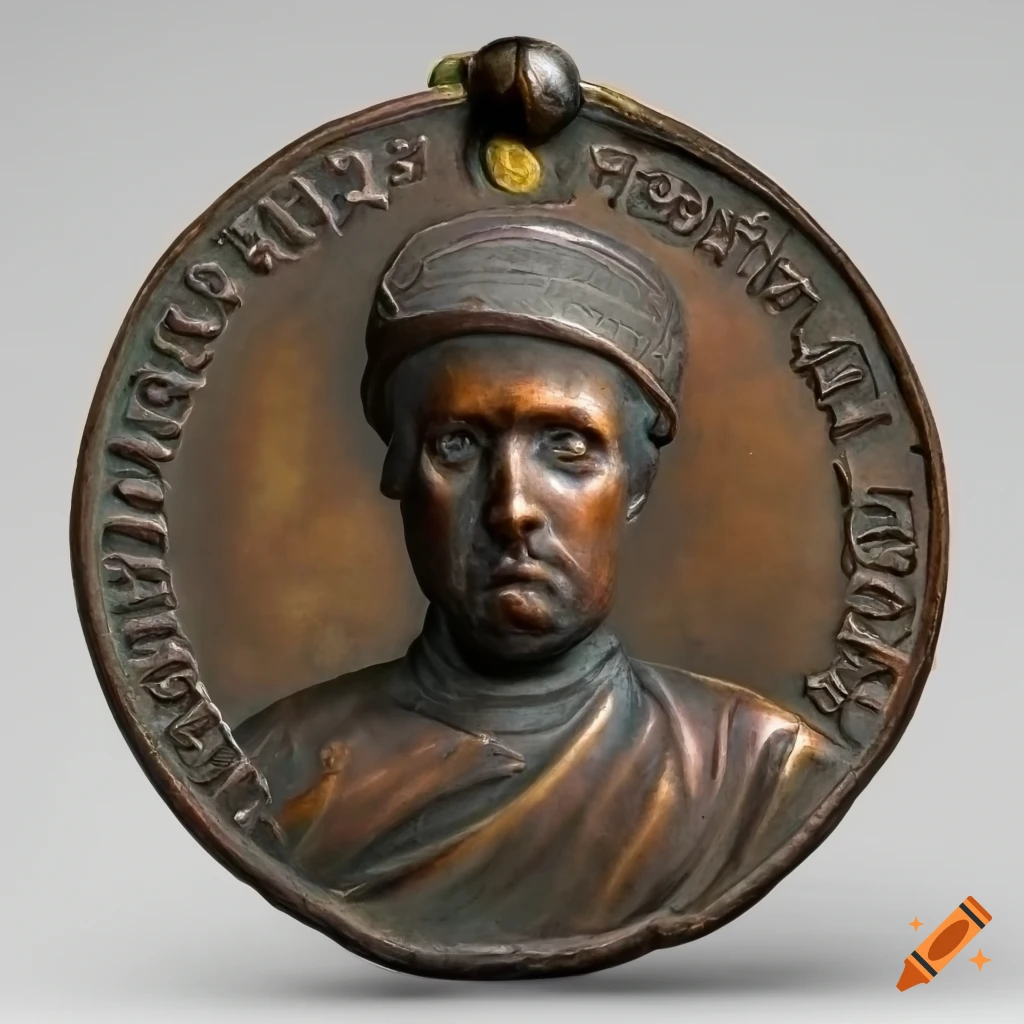 Renaissance bronze medal with a nobleman in a captain's hat and latin ...