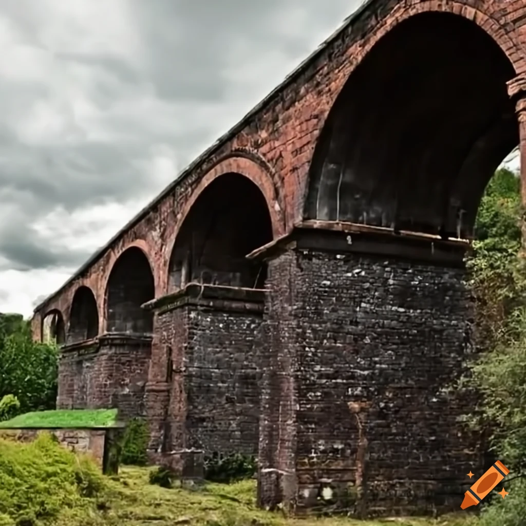 Old steam locomotive on a stone brick railway viaduct on Craiyon