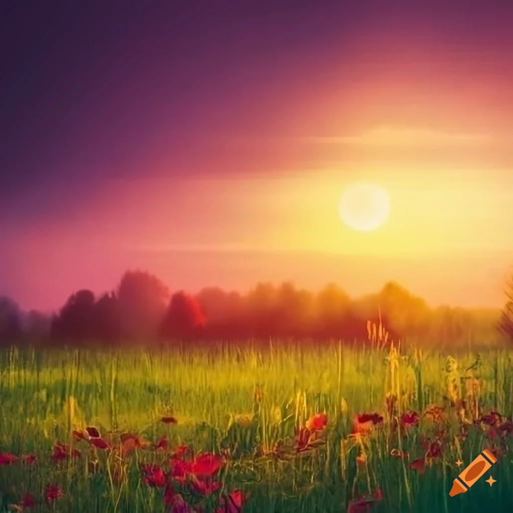 Dreamy sunset over meadow with colorful flowers on Craiyon