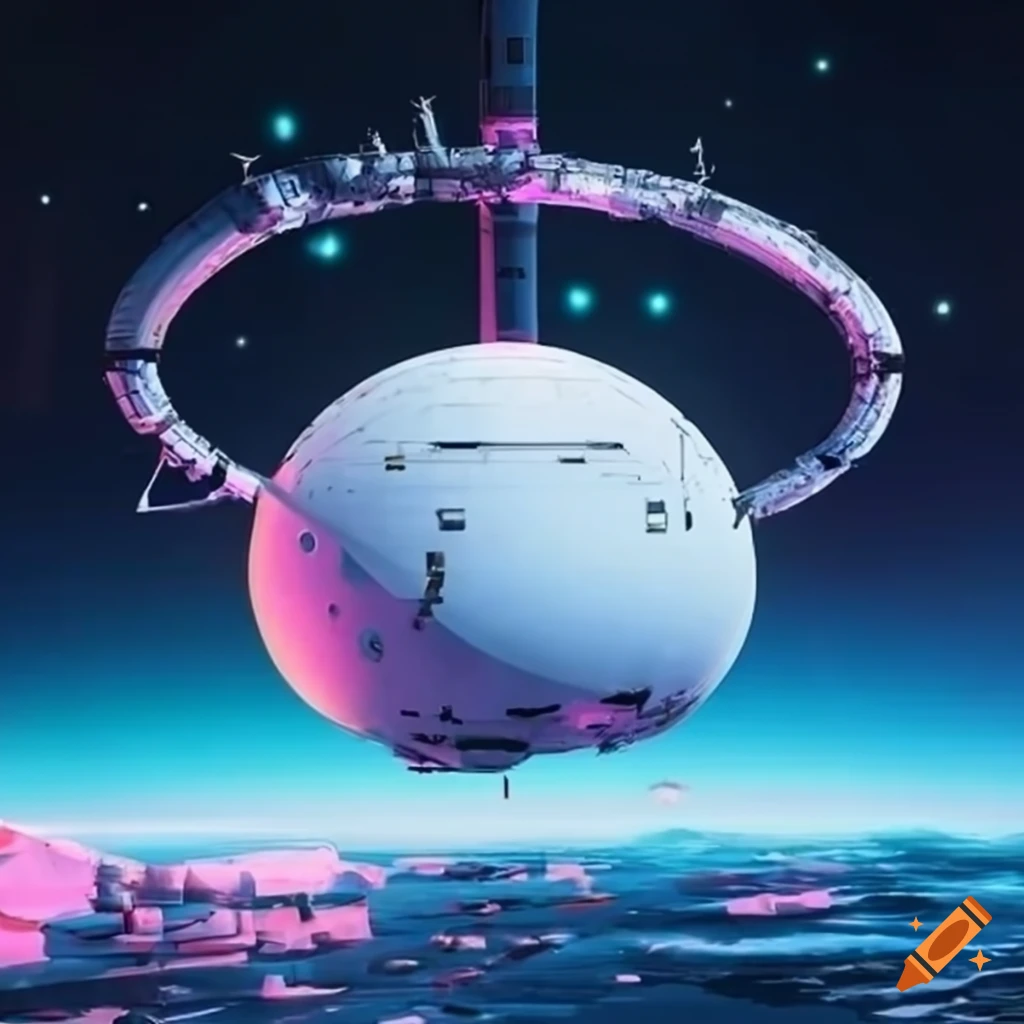 White futuristic space station with cyberpunk aesthetics in space on ...