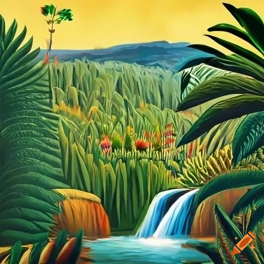 Calandula Falls in a tropical rainforest, Henri Rousseau style painting on Craiyon