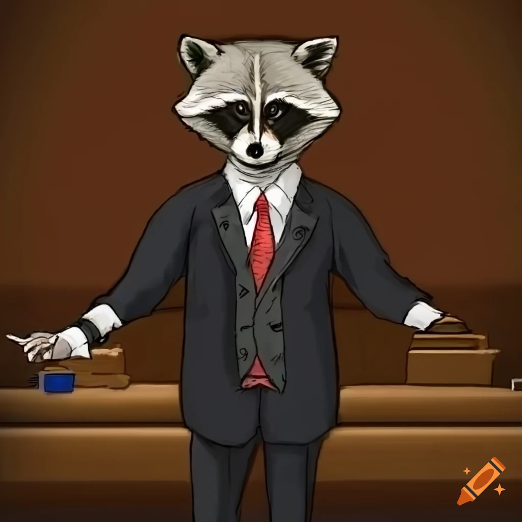 Raccoon lawyer standing in a courtroom on Craiyon