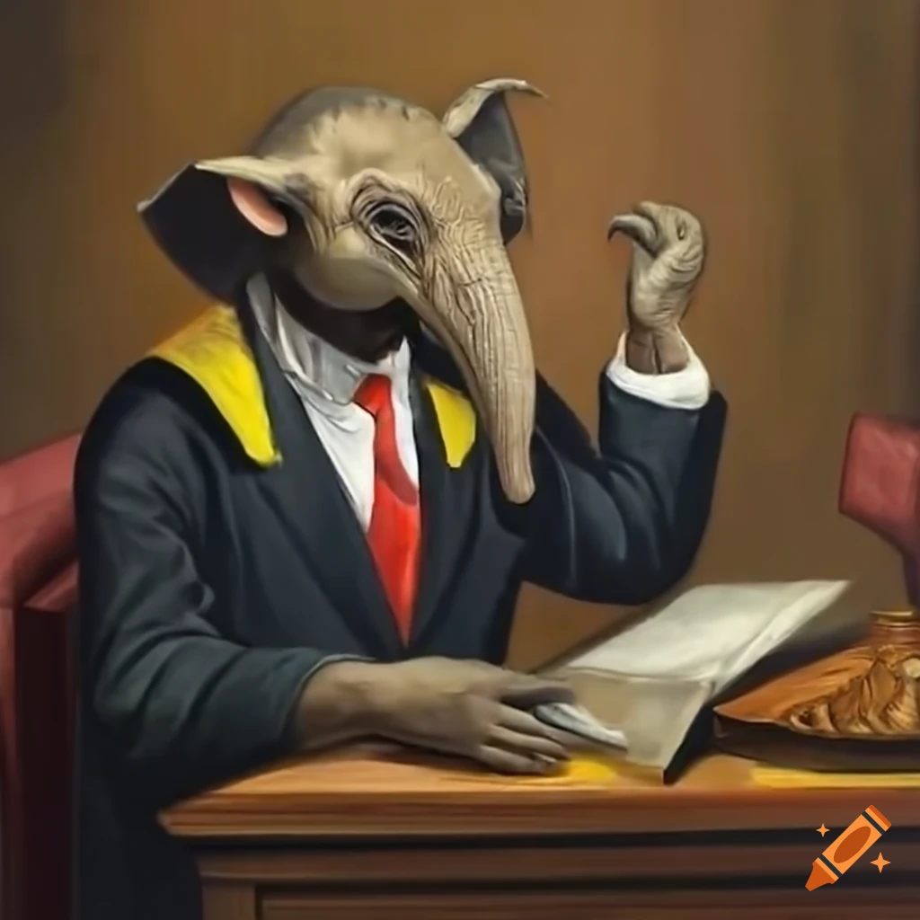 Anthropomorphized elephant lawyer in a courtroom on Craiyon