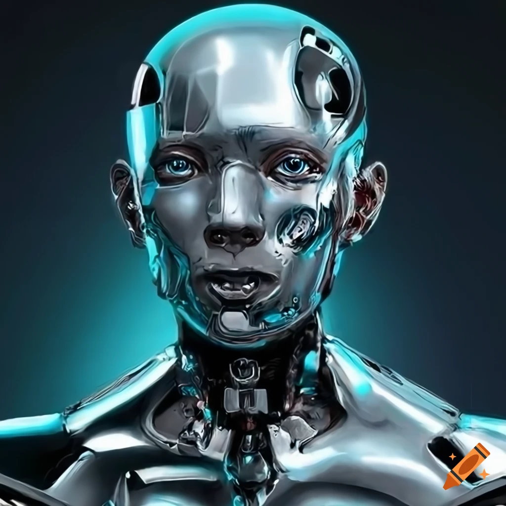 Detailed realistic chrome ai cyborg robot man in digital art on Craiyon