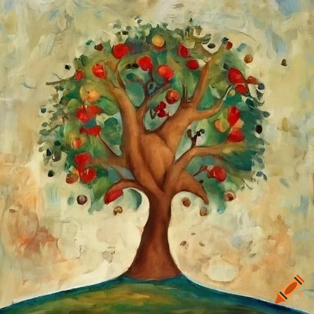 Medieval-style painting of a patchwork pear tree on Craiyon