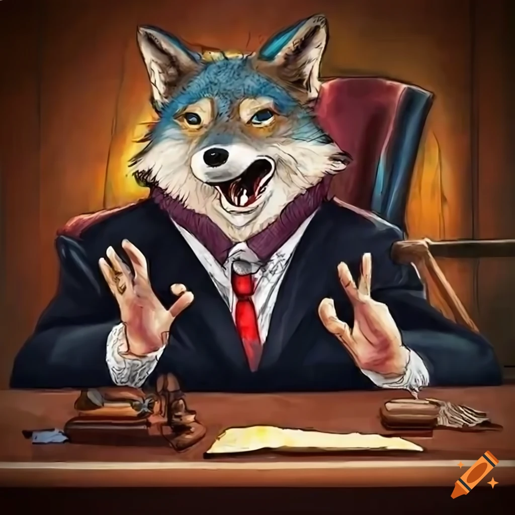 Anthropomorphized wolf lawyer arguing in a courtroom on Craiyon