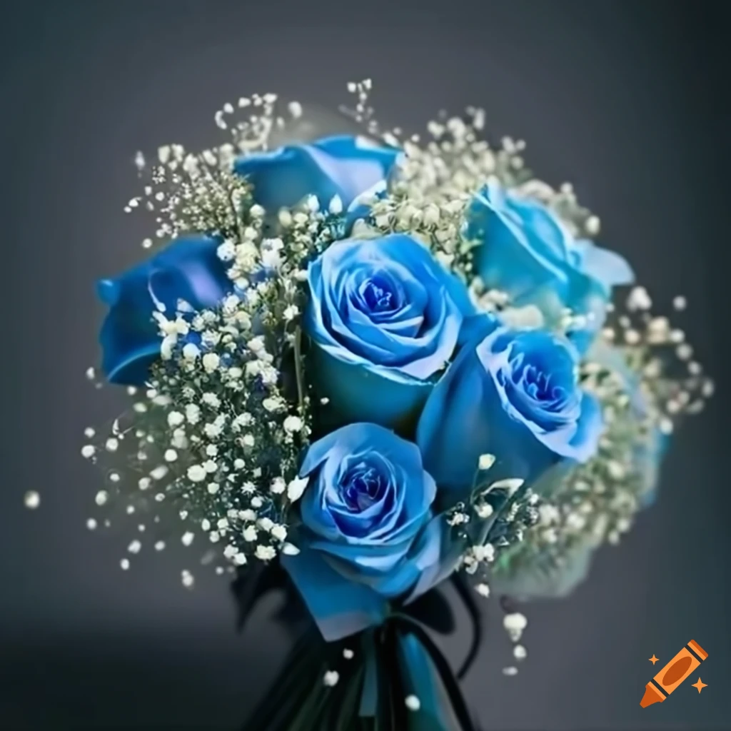 Beautiful flower bouquet with baby's breath and blue roses on Craiyon