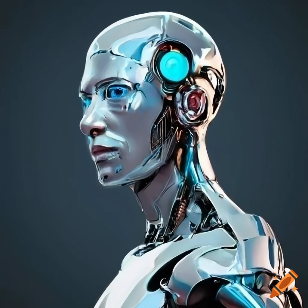Detailed realistic chrome ai cyborg robot man in digital art on Craiyon
