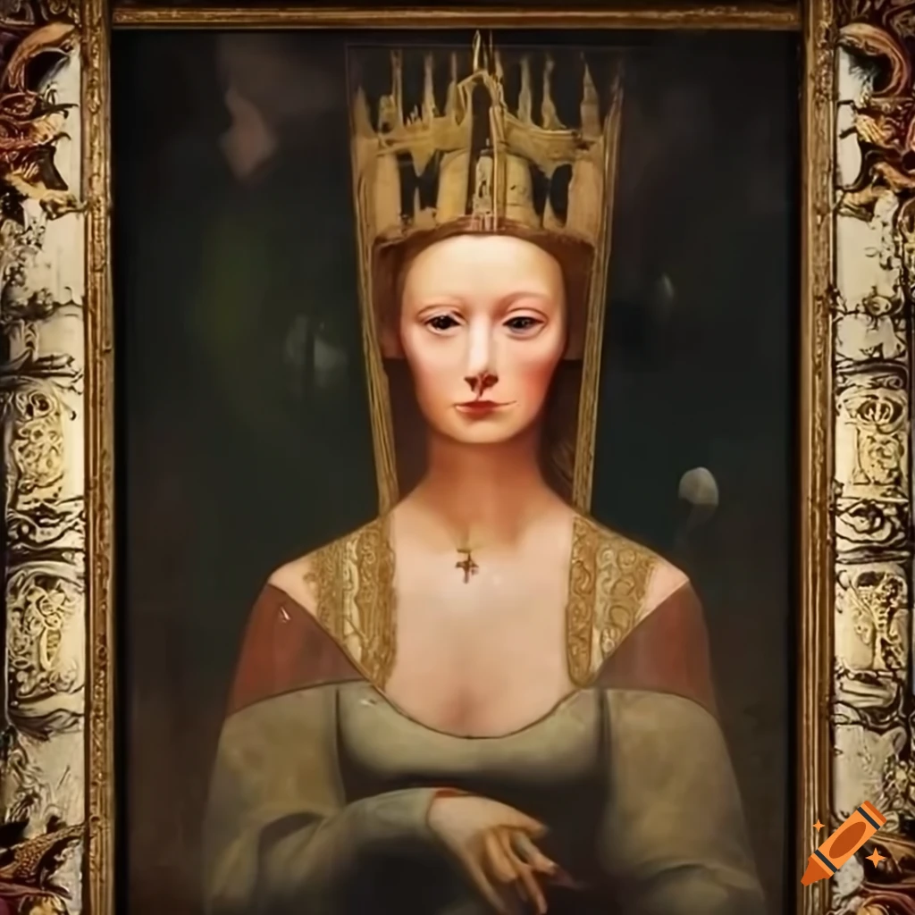 Medieval-style painting of a faceless queen reflected in mirror ...