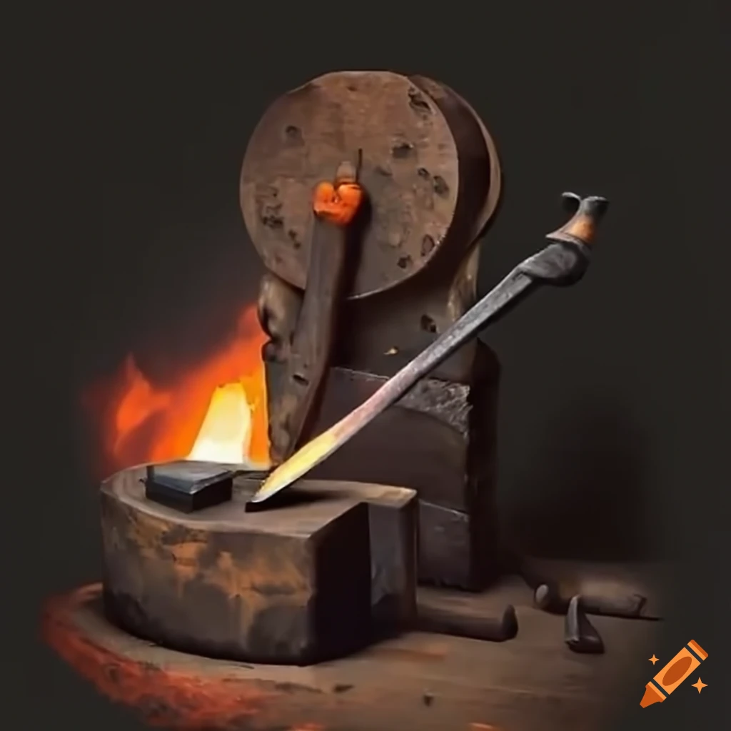 Blacksmith sharpening sword at grindstone on Craiyon