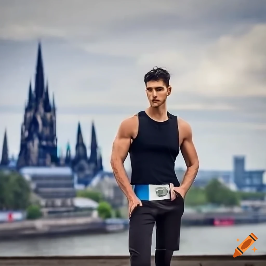 Male model with dark hair posing in cologne skyline on Craiyon
