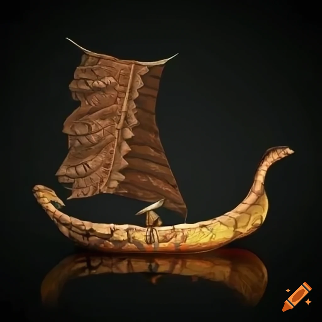 Serpent-head boat with snake skin sails and rock formations in the ...