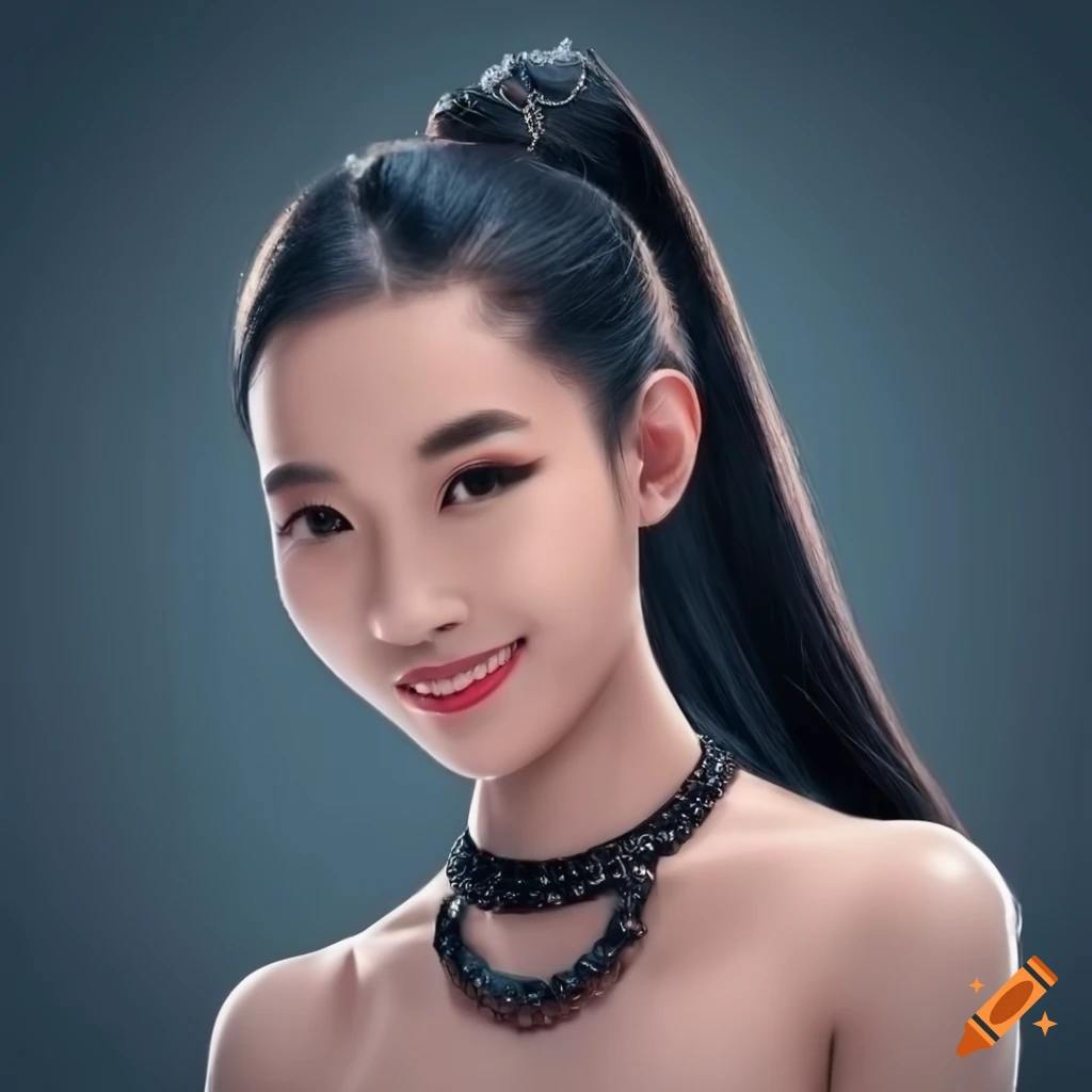Beautiful smiling asian woman with dark hair and choker in ponytail on Craiyon