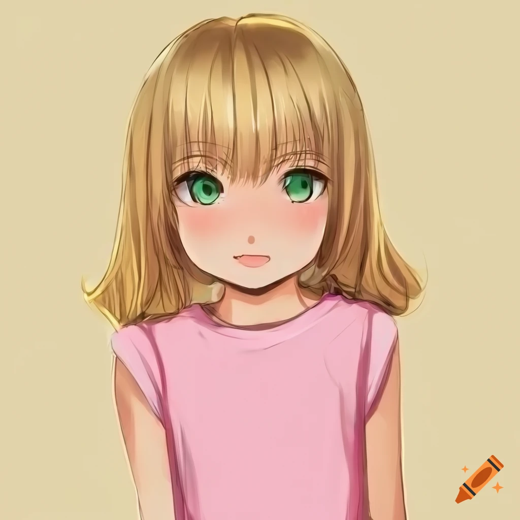 Anime Girl With Blonde Hair Green Eyes In A Light Pink Sleeveless T Shirt With Arms Crossed On