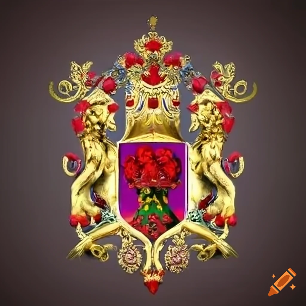 French heraldry: golden shield with a red rose and two lions, topped ...