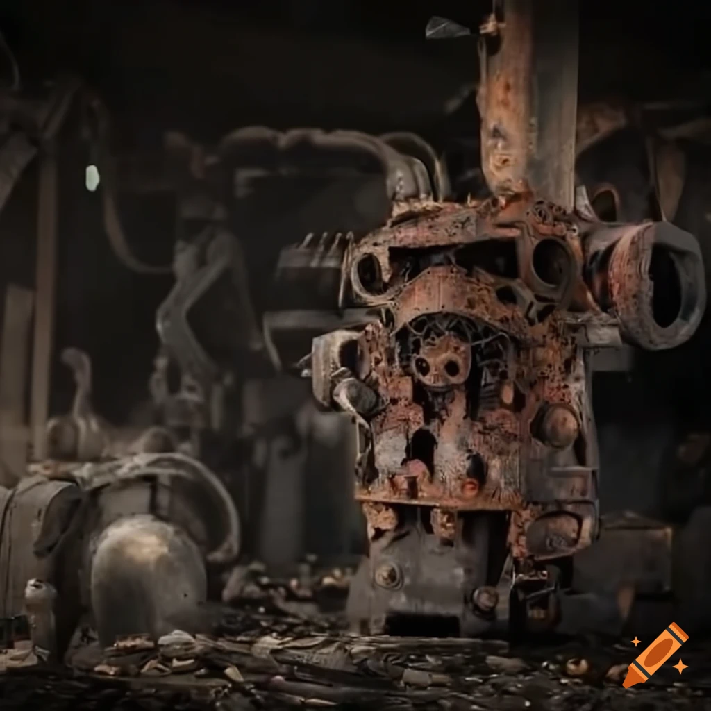 Rusted mechanoid in a robot salvage yard on Craiyon