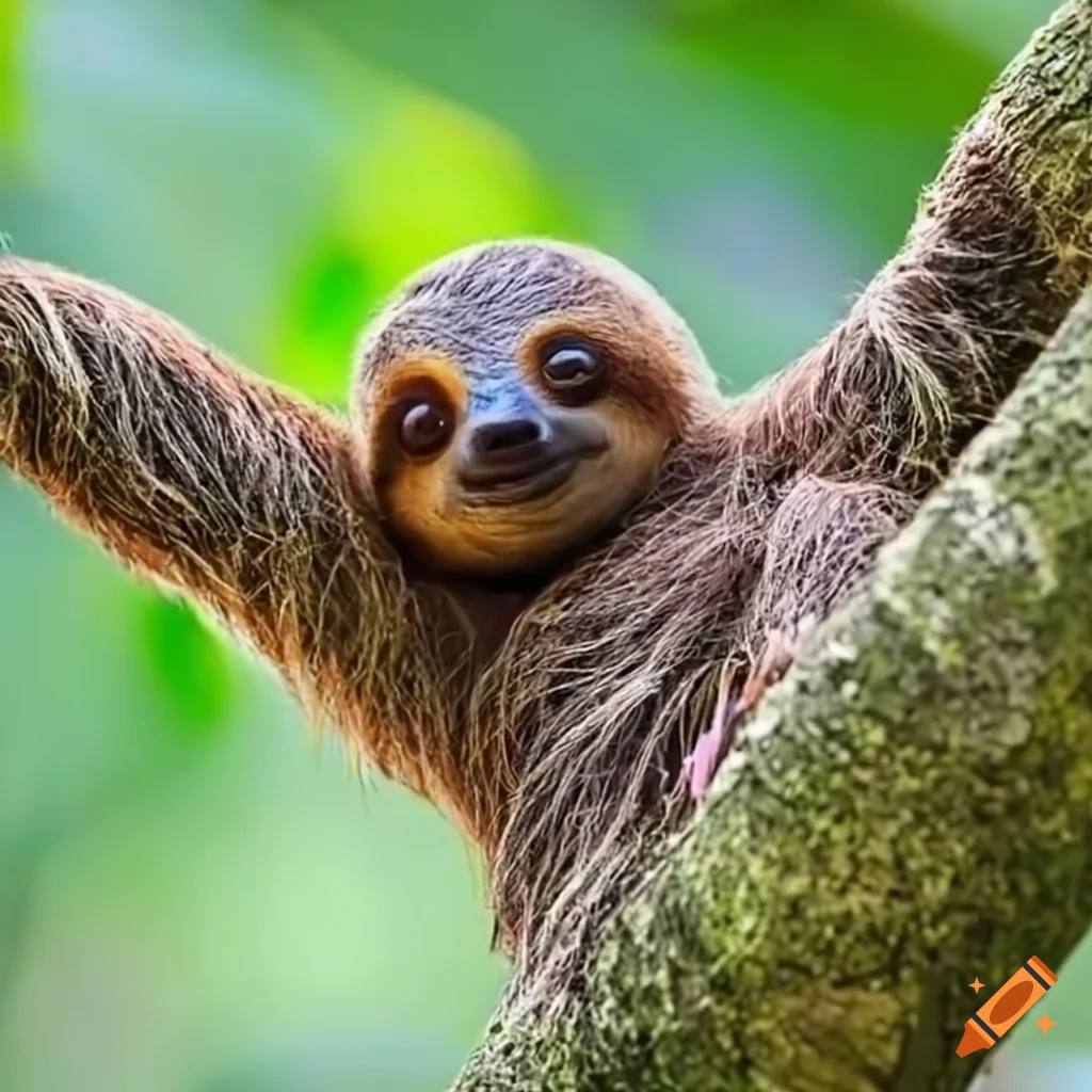 Adorable baby sloth hanging from trees with detailed face and big eyes ...