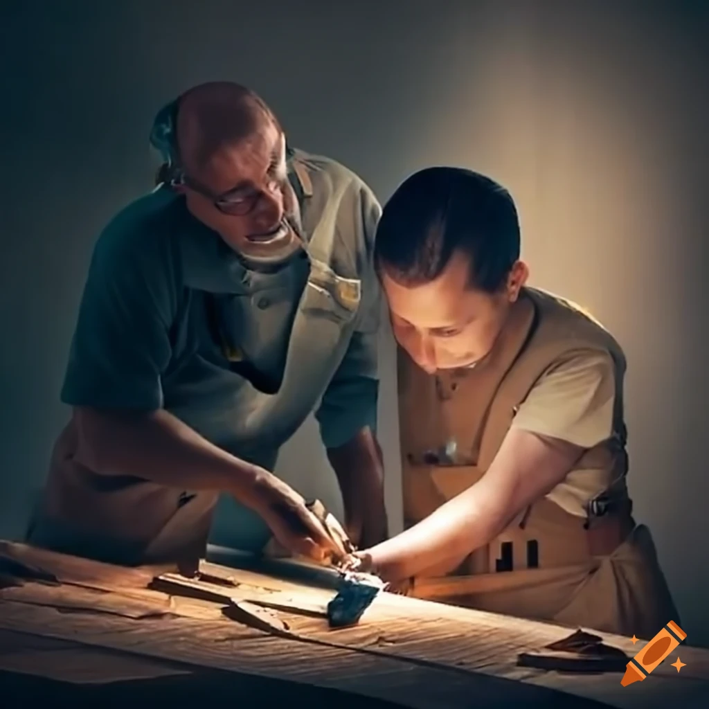 Master carpenter teaching apprentice to use a tool on Craiyon