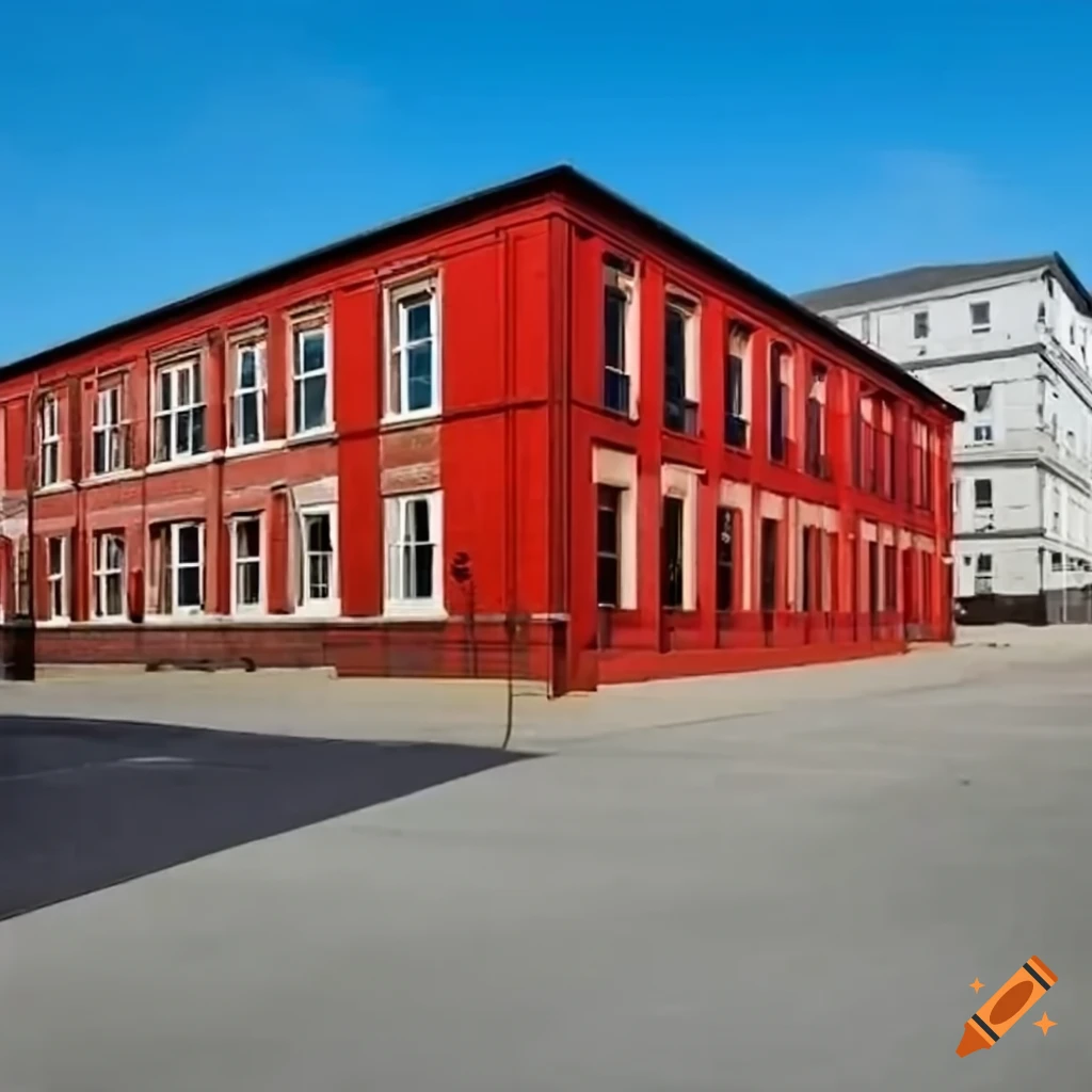 Two-storey school buildings with a grey yard in between on Craiyon