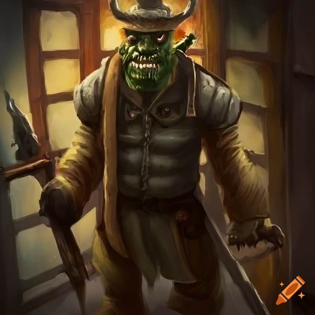 Orc prison officer in a steampunk prison in fantasy art style on Craiyon