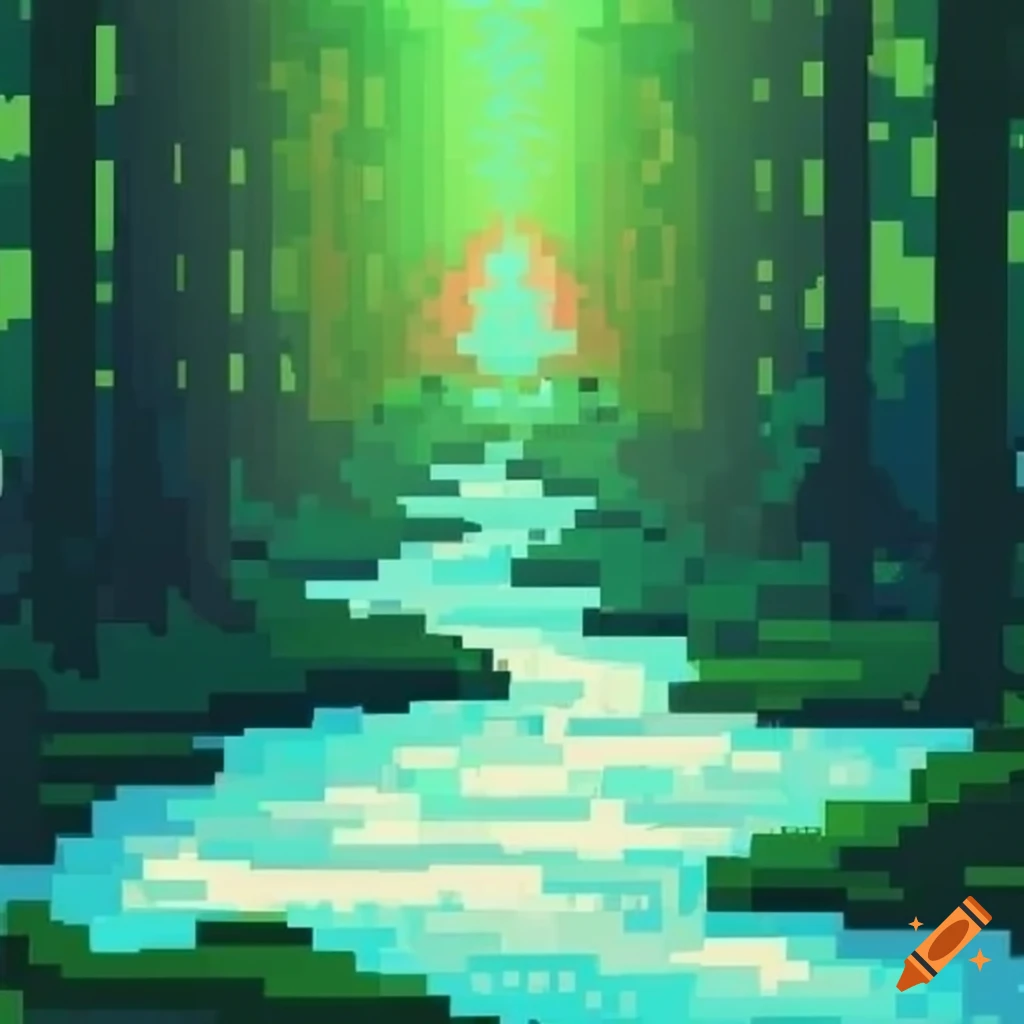 Highly detailed pixel art of a river in a forest with pastel colors on ...