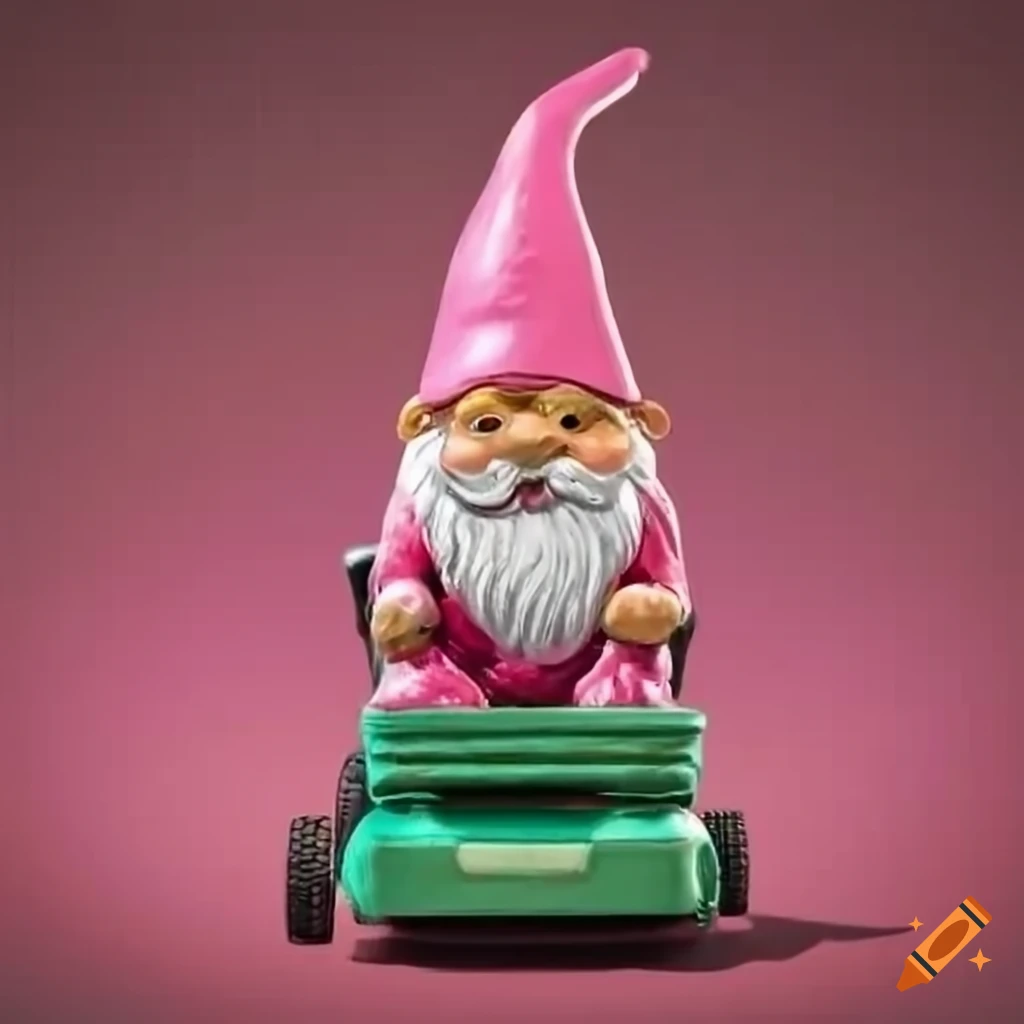 Cheerful pink gnomes on a lawn mower in a mystical home depot on Craiyon
