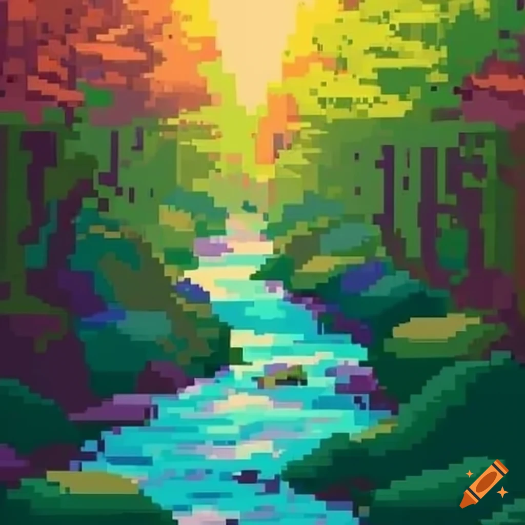 Highly detailed pixel art of a rainbow-colored river in a forest on Craiyon