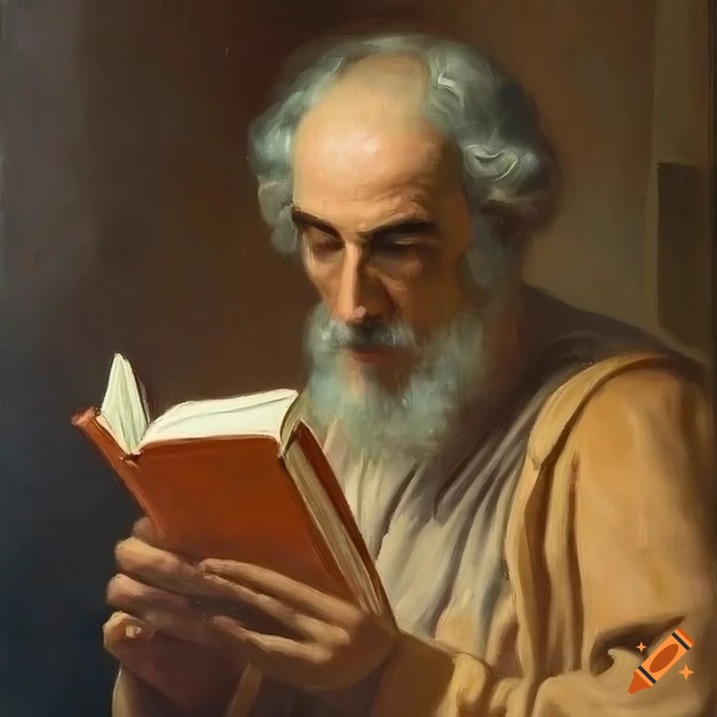 Greek man reading a book in an oil painting on Craiyon