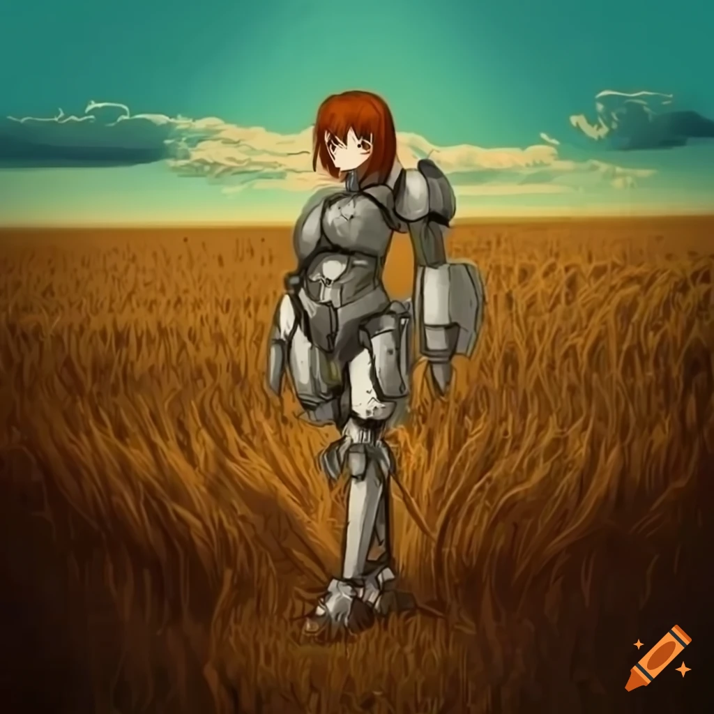Anime woman in mech armor in a wheat field with another mech in the ...