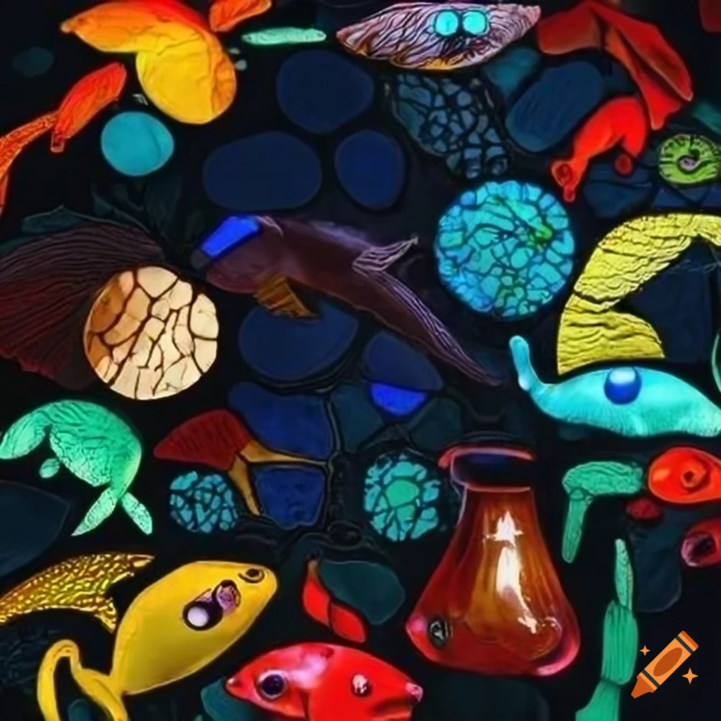 Stained glass window with marine life, science lab, and DNA patterns on ...