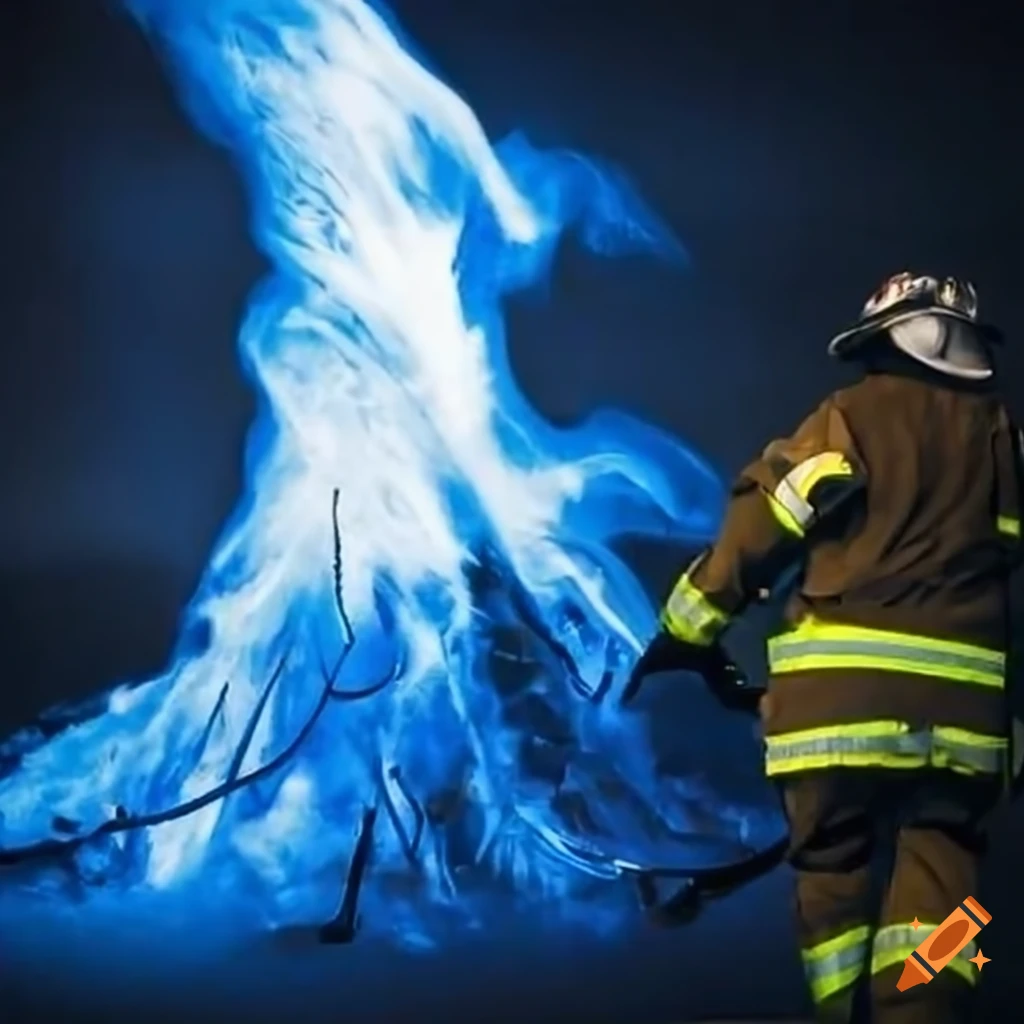 Firefighter extinguishing blue fire on route 26 on Craiyon