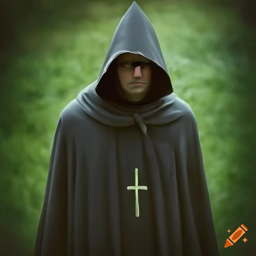 Hooded medieval royal priest with glasses looking at grass on Craiyon