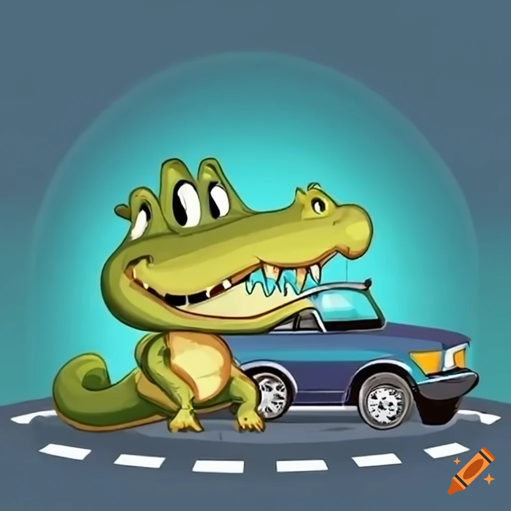 Happy alligator driving a car on the road on Craiyon