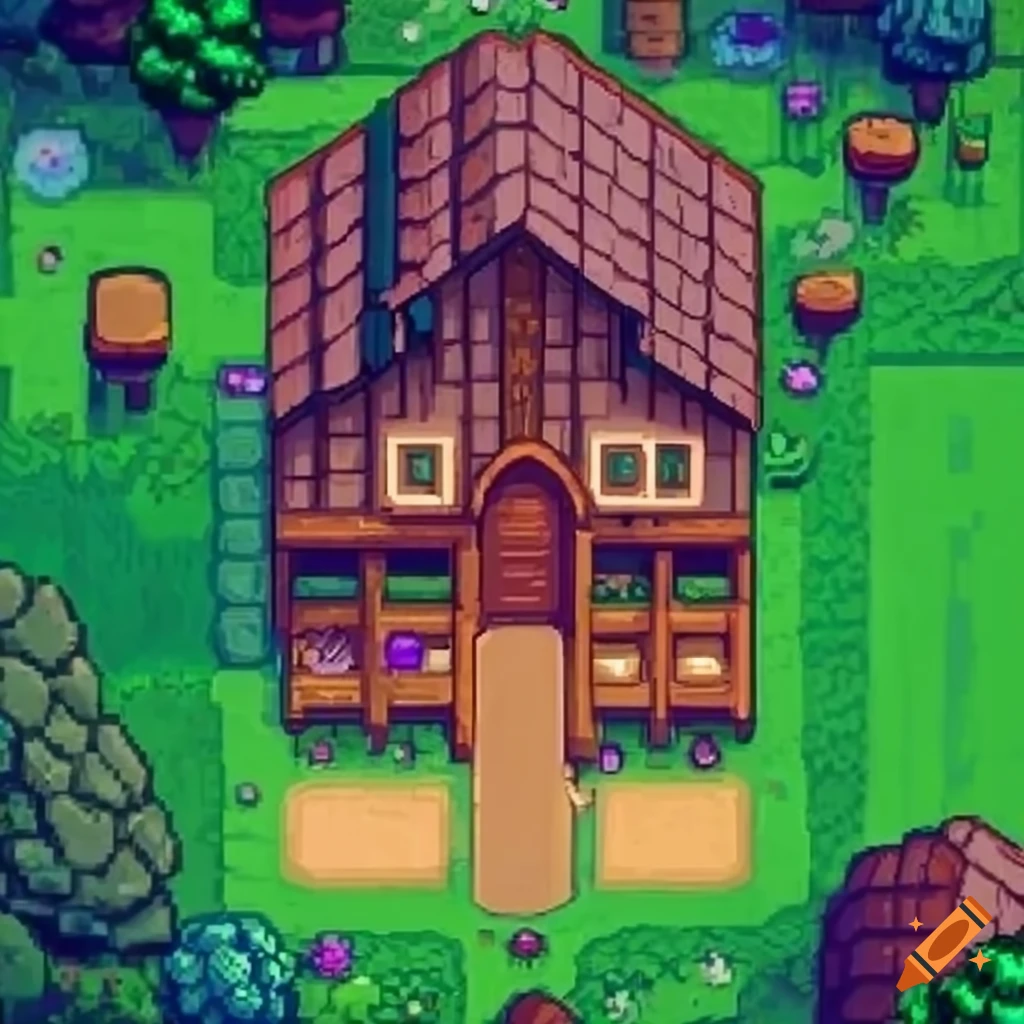 Small wooden cottage in a tileset inspired by stardew valley art on Craiyon