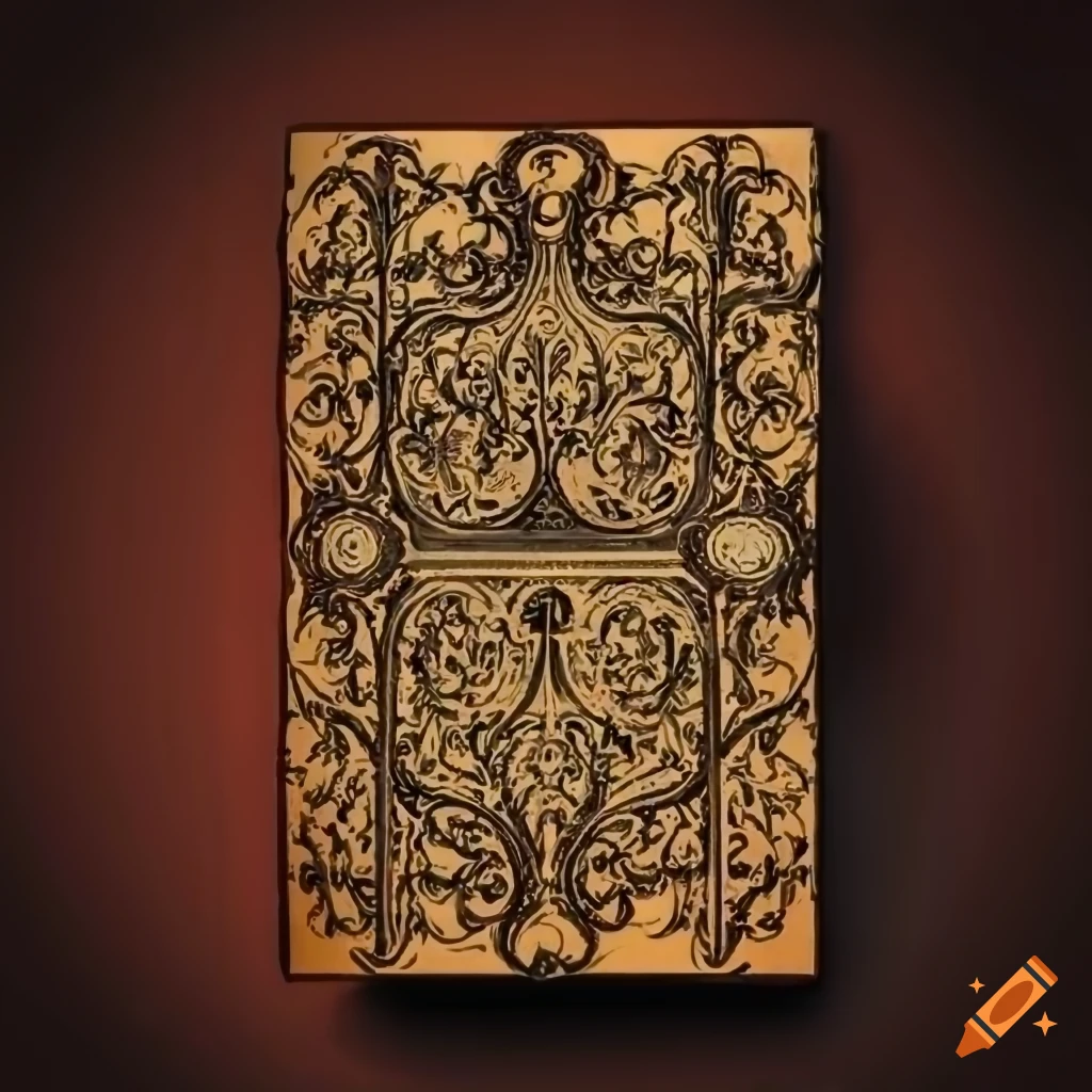 Intricately designed book cover with symbols and vines for a historical ...