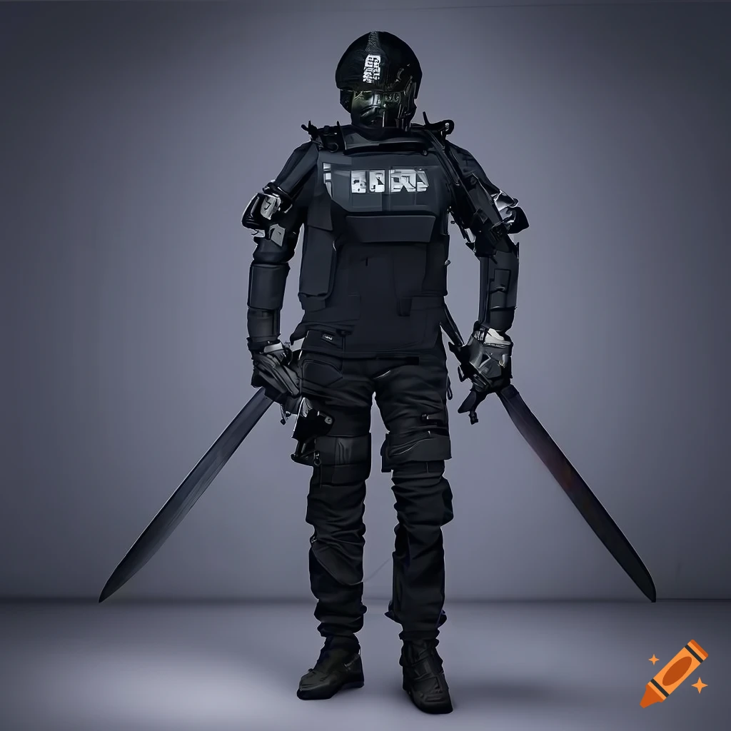 Sci-fi cyber SWAT officer with sword in white room on Craiyon
